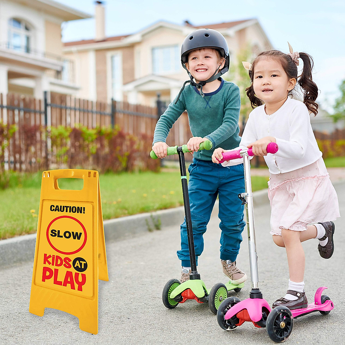 Essentially Yours 2 Pack Caution! Slow, Kids at Play | High Vis Yellow Double Sided Street Safety Sign