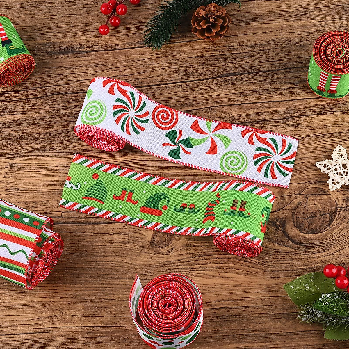 Honic 6 Rolls 30 Yards Christmas Elf Wired Edge Ribbon Elf Hats Legs Multi Dots Stripes Swirl Diagonal Decorative Ribbon for Gift Wrapping Xmas Tree Wreath DIY Crafts