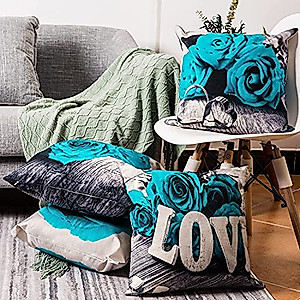 Teal Green Throw Pillow Covers 18x18 Set of 4, Turquoise Rose Flower Couch Pillow Cover Outdoor Patio Furniture Home Decor， Linen Cotton Square Grey Dark Blue Pillowcases Living Room Sofa Decorative