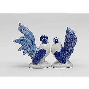 Fine Ceramic Dutch Blue Country Farmhouse Rooster & Hen Salt & Pepper Shakers Set, 3-1/2" H