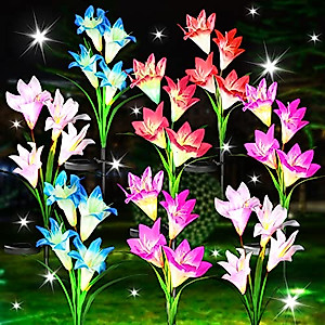 8 Pack Solar Garden Flower Lights Outdoor Waterproof with 32 Lily Flowers 7 Multi Color Changing Led Solar Power Lights Decorative for Yard Lawn Patio Landscape Walkway Pathway Decorations Outside