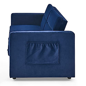 FANYE Velvet Upholstered Loveseat Sleeper w/Side Storage Pockets, 54.5" 2-Seaters Sofa with Pull-Out Couch Bed with Adjustable Cushions Backrest for Living Room Apartment Office Small Space, Blue