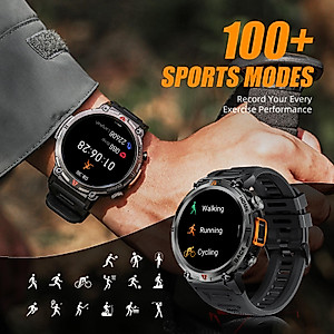 Military Smart Watch for Men (Answer/Dial) Flashlight 1.45” Rugged Smart Watch 100+ Sports Modes IP68 Waterproof Fitness Watch with Heart Rate Sleep Tracker Outdoor Tactical Smartwatch for iOS Android