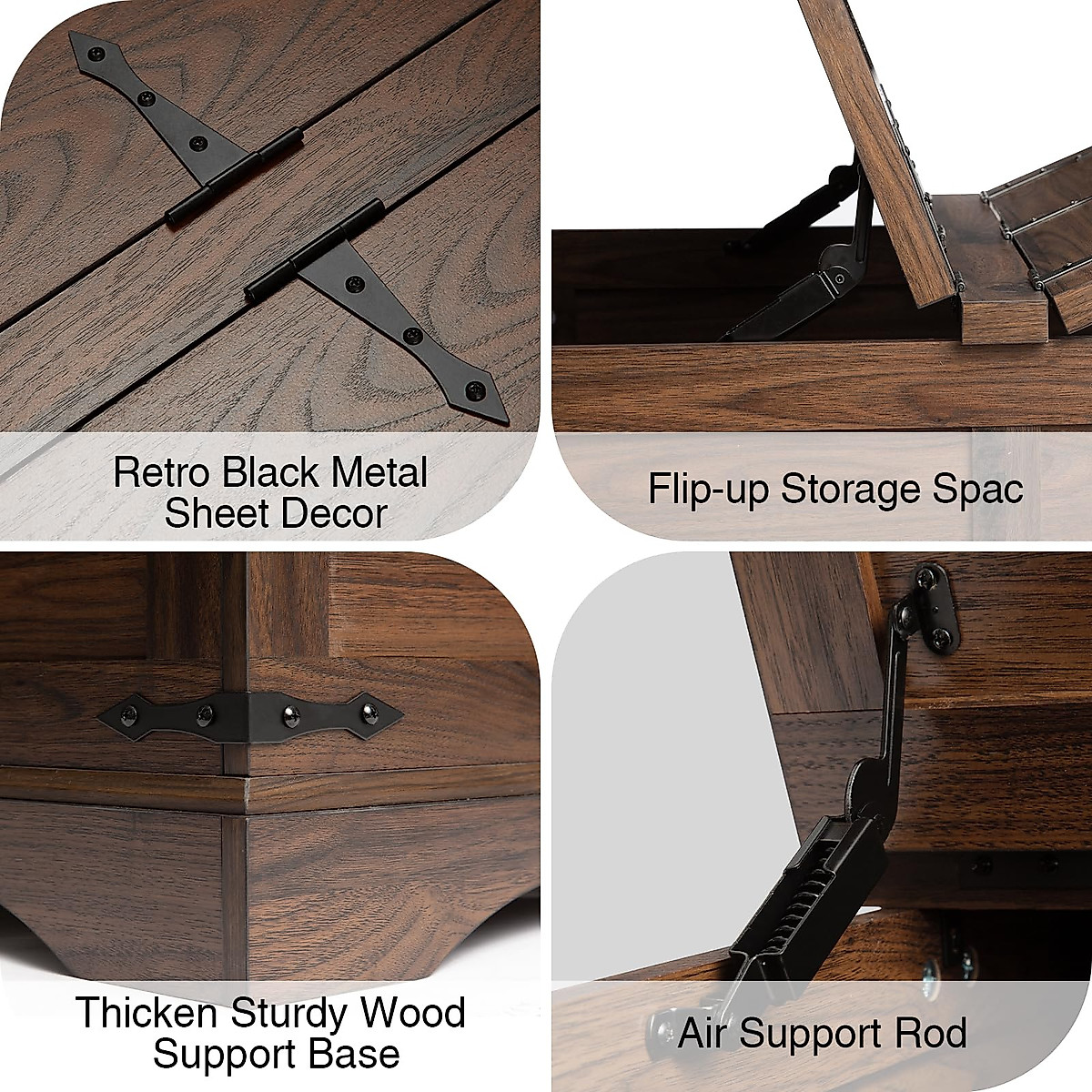 Wnutrees Farmhouse Coffee Table with Hinged Lift Top and Large Hidden Storage Compartment, Rustic Square Wood Central Table for Living Room, Bedroom, Home Office,Walnut