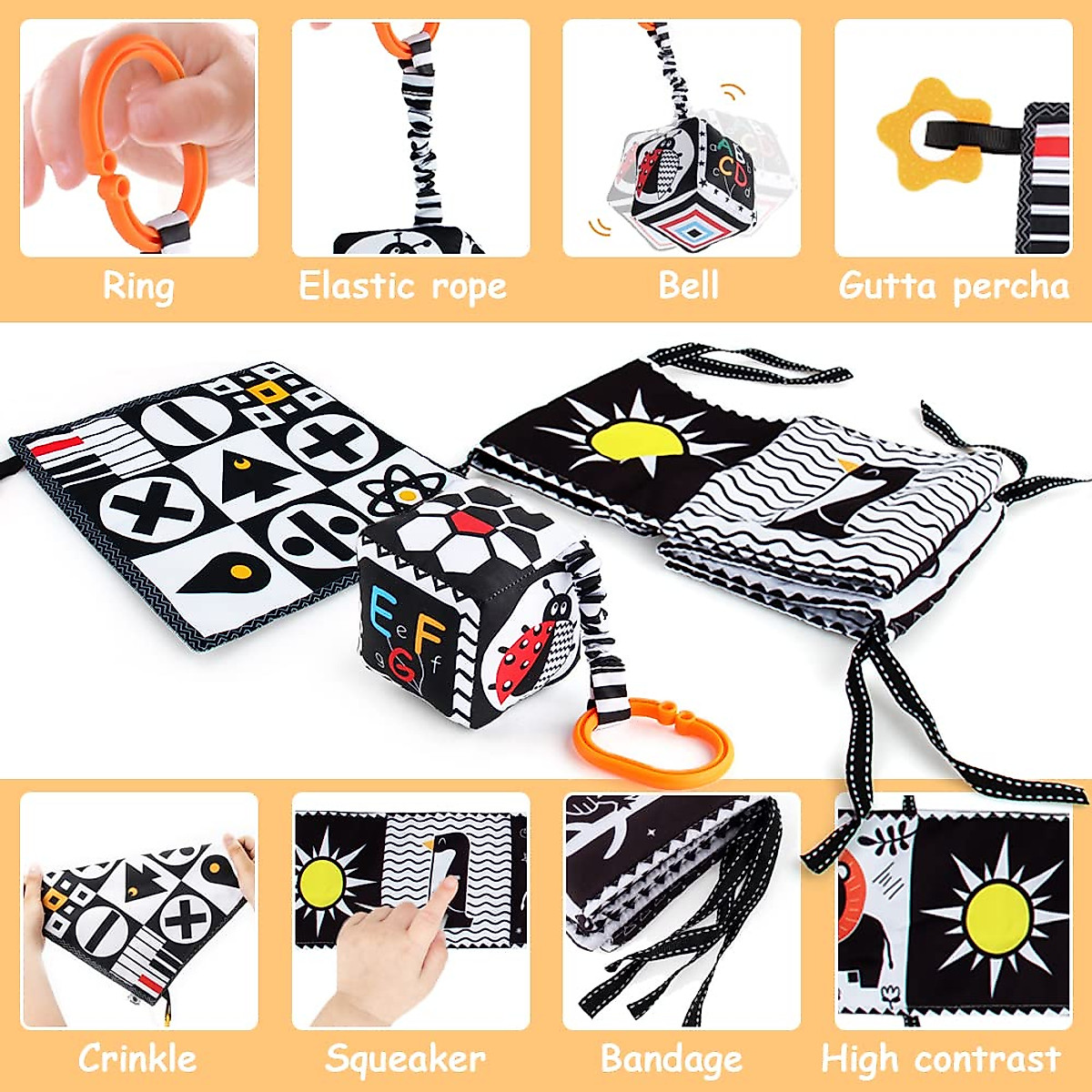 Oarifun 3 in 1 High Contrast Baby Toys 0-3 Months for Newborn, Montessori Tummy Time Toys Sensory Crinkle Toys for Brain Development, Soft Book Toys for Babies Girls Boys Baby Toys