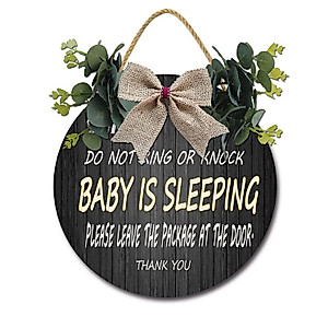 Weytff Baby Sleeping Sign For Front Door Funny Baby Sleeping Hanging Sign Plaque, Do Not Knock Or Ring The Bell, Round Wooden Door Hanger For Baby Room, Nursery, Front Door, Door Knob Decor 12X12"
