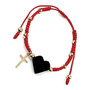 LESLIE BOULES Red Thread Genuine Heart Azabache Bracelet with Tiny Gold Plated Catholic Cross Handmade Jewelry