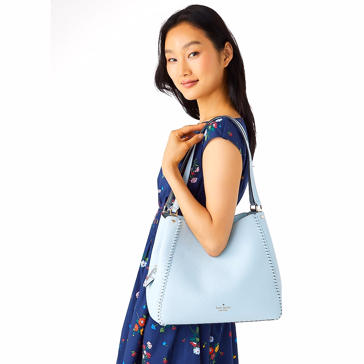 Kate Spade New York Kate Spade leila pebbled leather whipstitch medium triple compartment shoulder bag, Dewy Blue