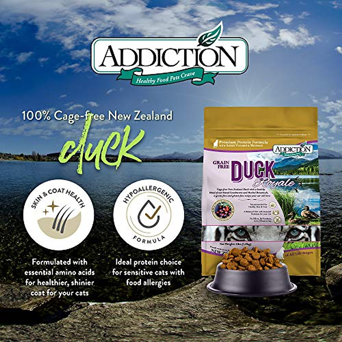Addiction Grain-Free Duck Royale Entrée Dry Cat Food, Feline Beauty Formula Healthy Weight, Skin and Coat Health, Crafted in New Zealand - 4 lb