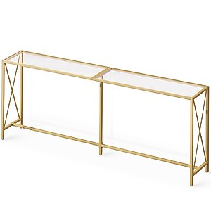 SUPERJARE 70 Inch Console Table with LED Light Strips, Gold Entryway Table with Tempered Glass, Sofa Table, Hallway Table for Entryway, Rubber Pads, for Living Room, Front Door, Gold