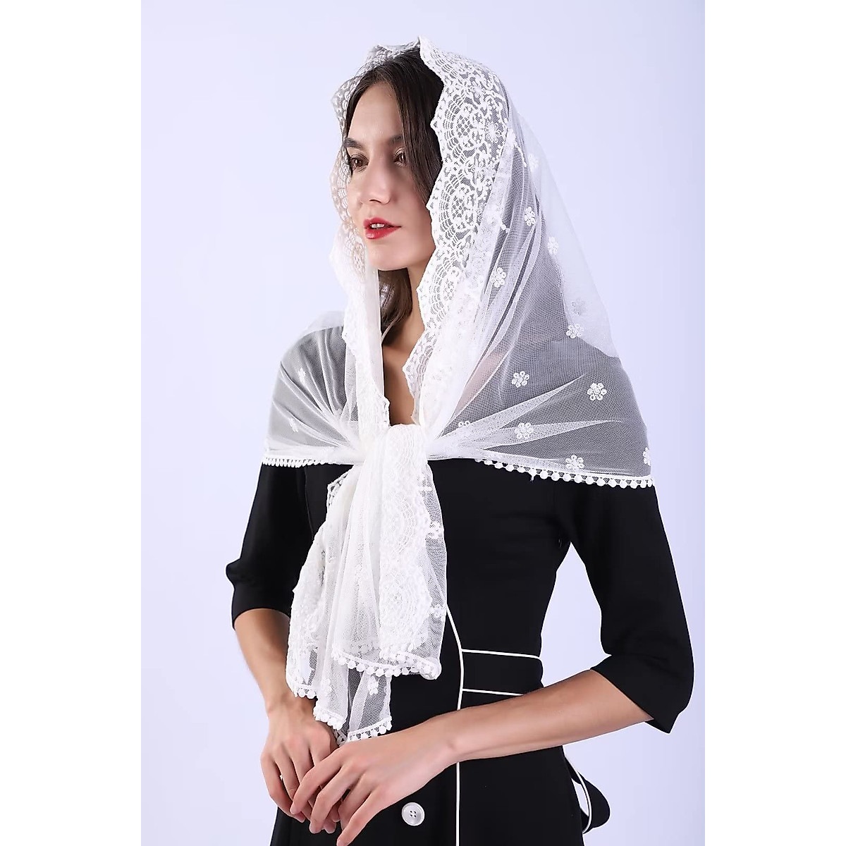 Grettytling Chapel Veil Embroidered Lace Mantilla Church Veil Head Covering Veils for Church Shawl-Scarf Wedding Shawl(White)