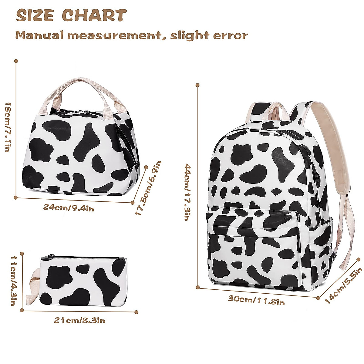 Cow Print School Bag Set, Junlion Laptop Backpack Lunch Bag Pencil Case White