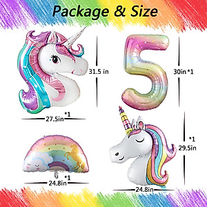 Unicorn 5th Birthday Party Decorations for Girl Purple Pink Unicorn Party Theme Balloon Set, Large Rainbow Unicorn Helium Balloons with Heart and Star Baby Shower Kids Supplies (number 5 set)