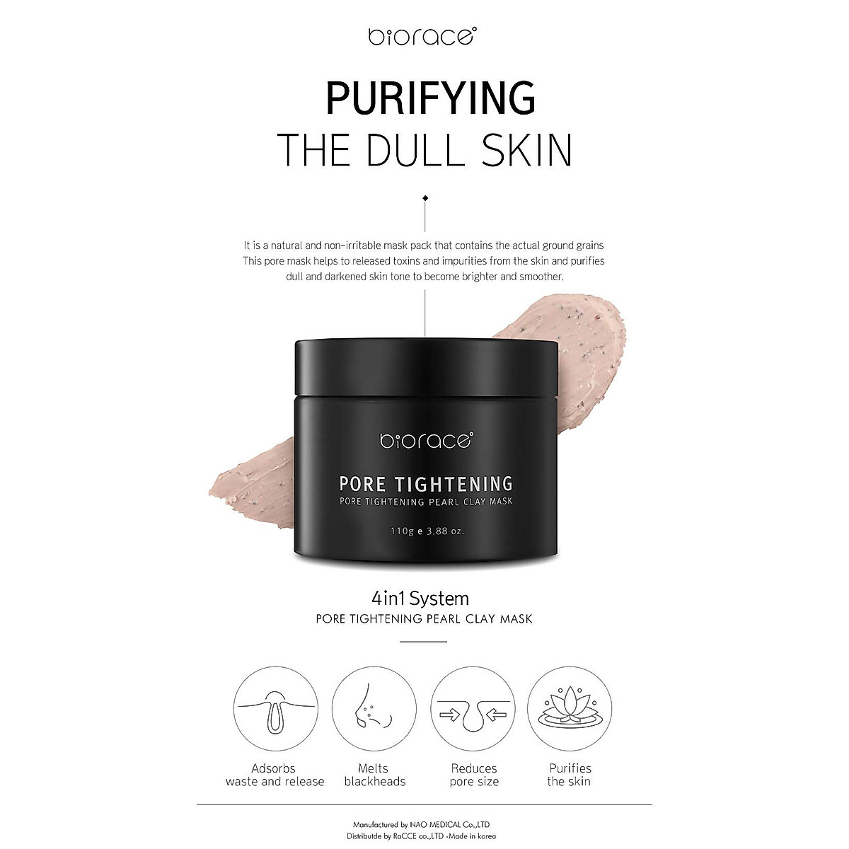 Biorace] Pore Tightening Pearl Clay Mask 110 g / 3.8 oz Tightens Pores + Sebum Control + Deep Cleanse [Made in KOREA]