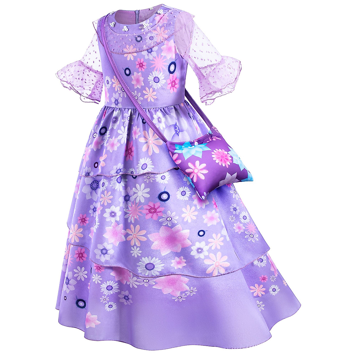 Kaisebile Princess Costume Dress for Girls Birthday Halloween Party Dress Up with Bag,Leis Necklace Headband 5-6 Years