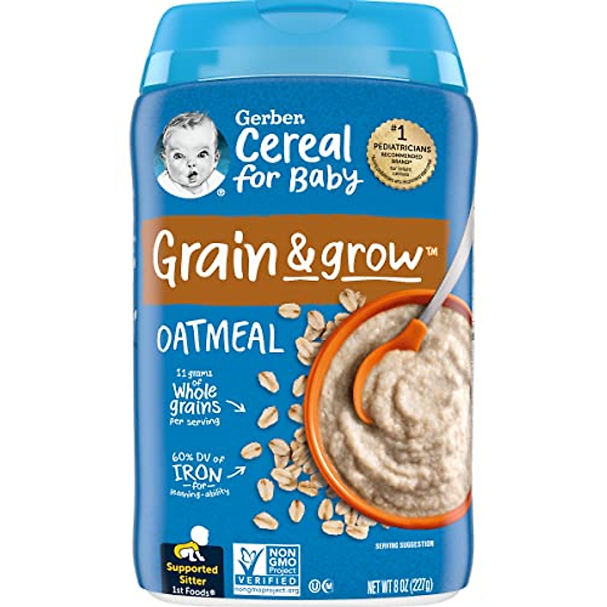 Gerber Cereal for Baby 1st Foods Grain & Grow Oatmeal Cereal, Made with Whole Grains & Essential Nutrients, Non-GMO, For Supported Sitters, 8-Ounce Canister (Pack of 3)