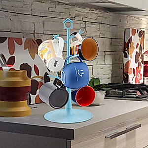 World Backyard 6 Mugs Holder Tree Cups Hanging Stand (Blue with Bird & House Sign)