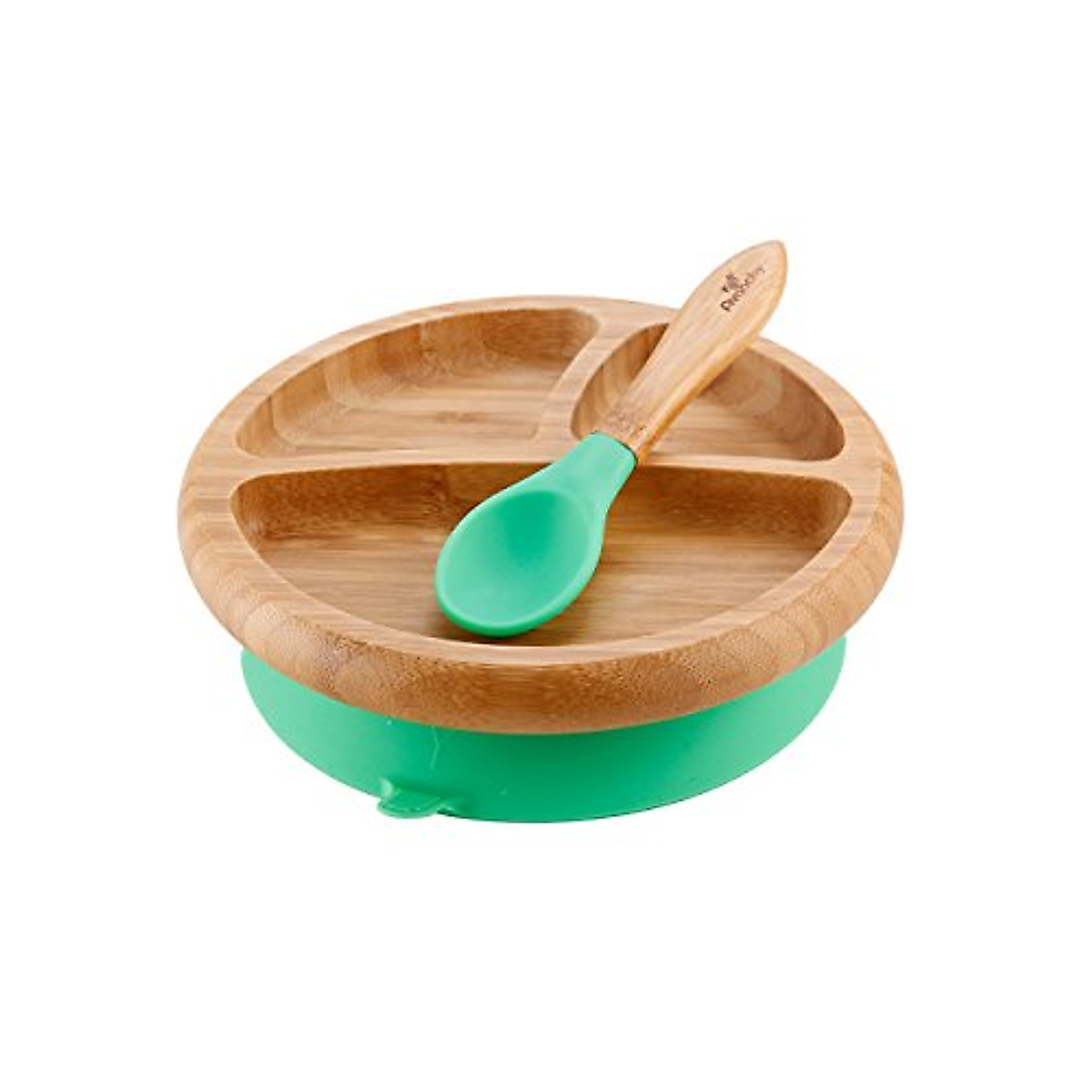 Avanchy Bamboo Baby Bowl + Baby Plate + 2 First Stage Spoons. Removable Suction Bottoms.