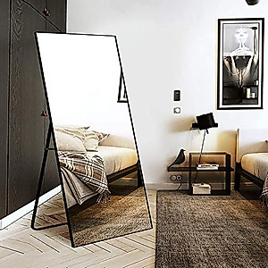 TinyTimes 71"×30" Full Length Mirror, Floor Mirror with Stand, Full Body Tall Mirror, Freestanding or Wall-Mounted, Brushed Thin Frame, for Bedroom, Liveing Room - Black