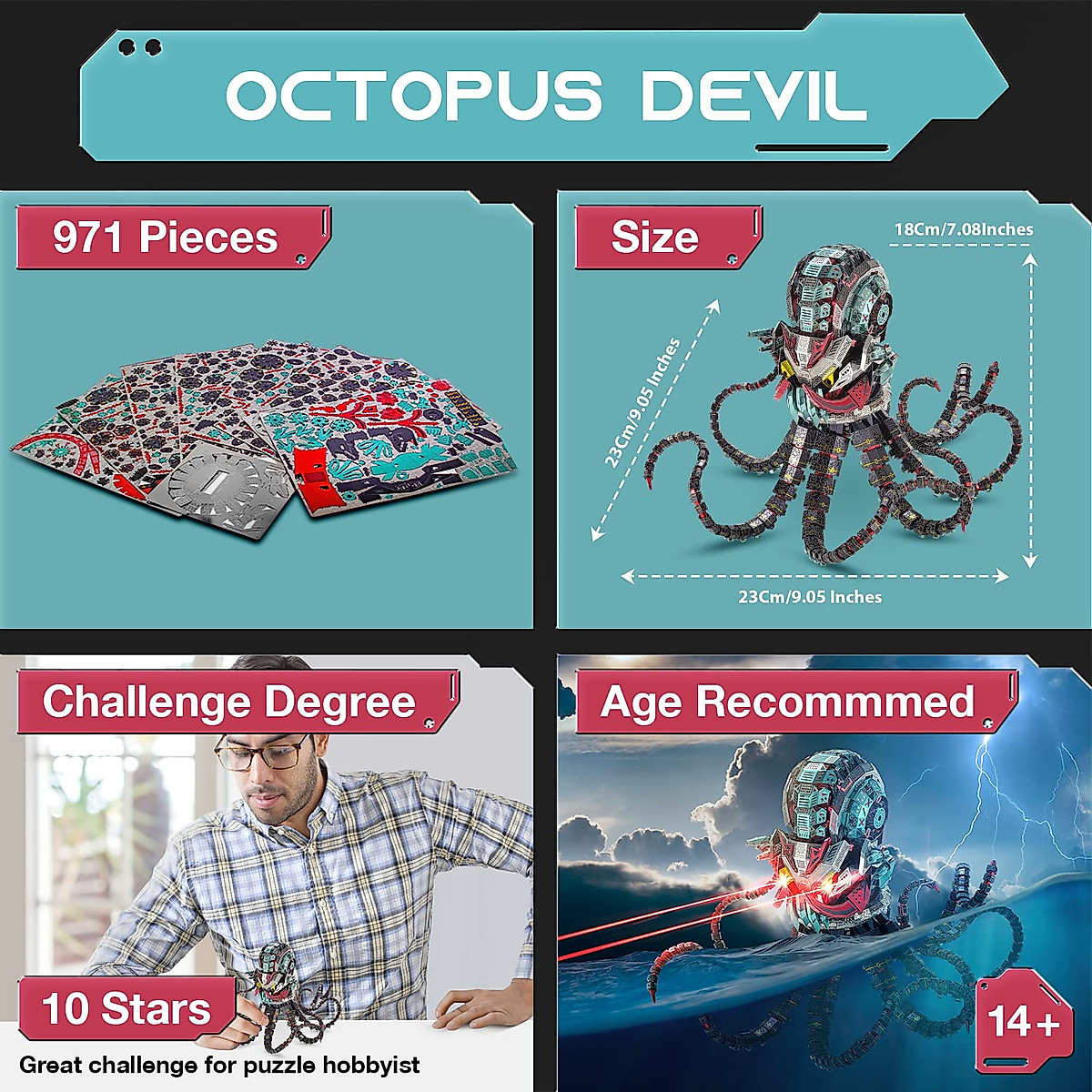 Microworld 3D Metal Puzzle, Mechanical Octopus Devil Challenge Metal Model Kits, Metal Kits Brain Teaser DIY Art Craft Home Decor Gift Toys for Adult Men