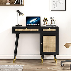 Anmytek Rattan Vanity Desk with Drawers and Storage, Black Makeup Vanity Table Modern Home Office Desk Computer Desk for Study D0005