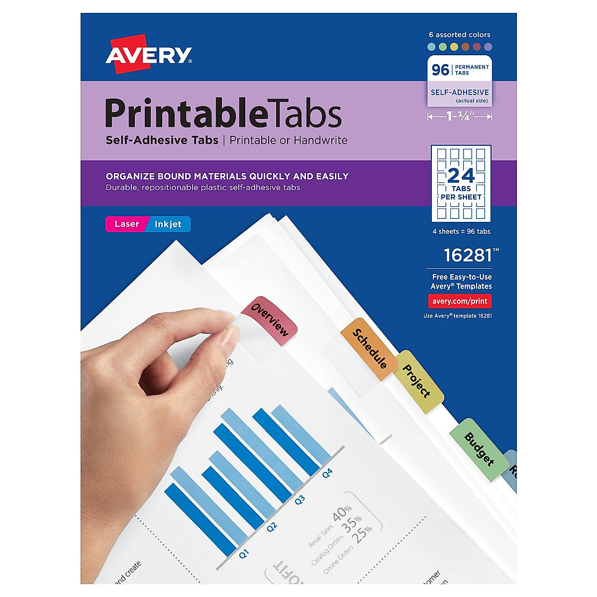 Avery 16281 Printable Plastic Tabs with Repositionable Adhesive, 1 1/4, Assorted (Pack of 96)