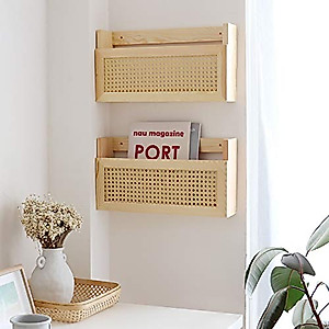 FIRADE Wood Magazine Wall Rack with PE Rattan Grid,Size 17.3" x 4" x 9.4",File Holder for Entryway,Living Room,Waiting Room,Kids’ Room,Office