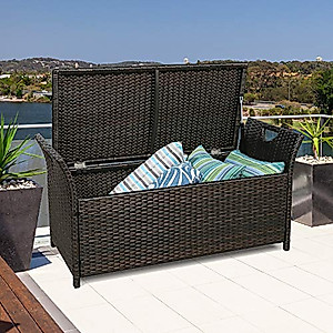 PEAK HOME FURNISHINGS Patio Wicker Storage Box, Outdoor Rattan Storage Bench Deck Bin with Cushion (Red)