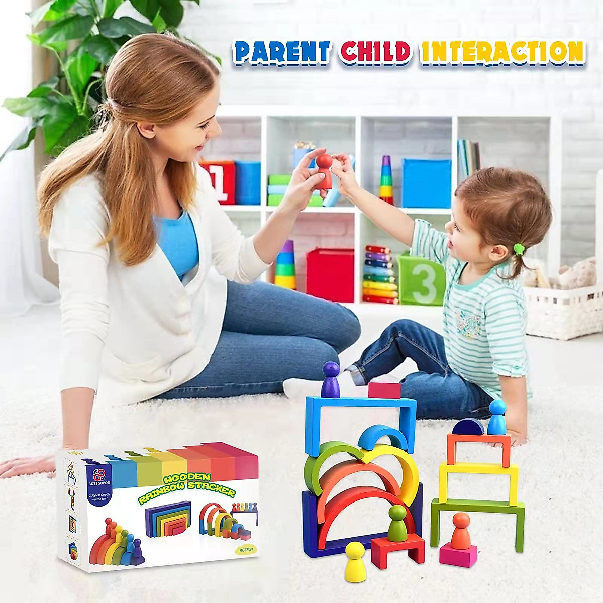 BOZE SUPOD Wooden Toys, Montessori Toys for Kids 3 4 5 6+Years Old Boys Girls Rainbow Stacking Blocks Set Preschool Activites Educational Toy Gifts for Toddler-19PCS