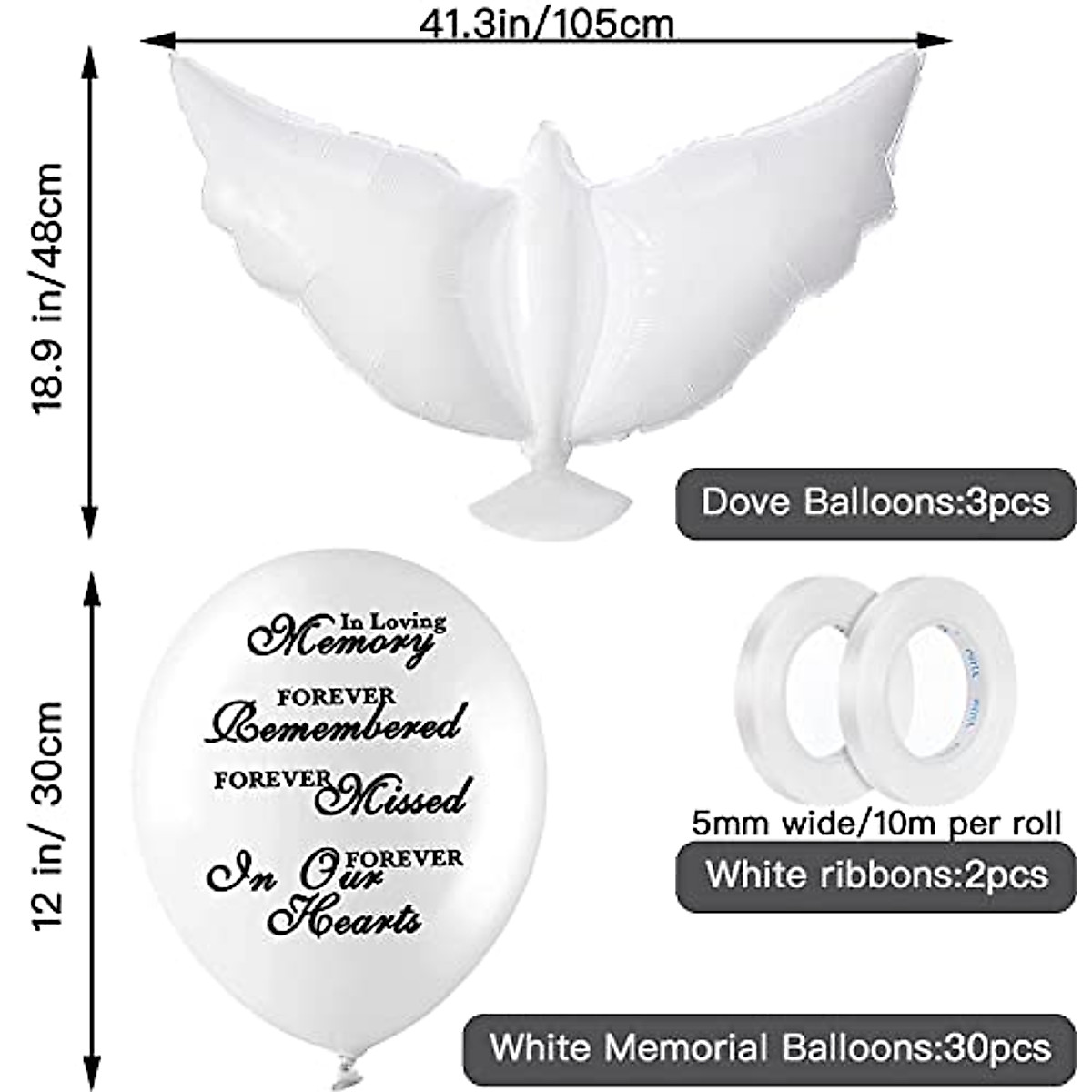 Jishi Dove Memorial Balloons to Release in Sky, Biodegradable Funeral Balloons Memorial Decorations for Celebration of Life Party Happy Birthday in Heaven, 30 Memorial Balloons & 3 White Dove Balloons