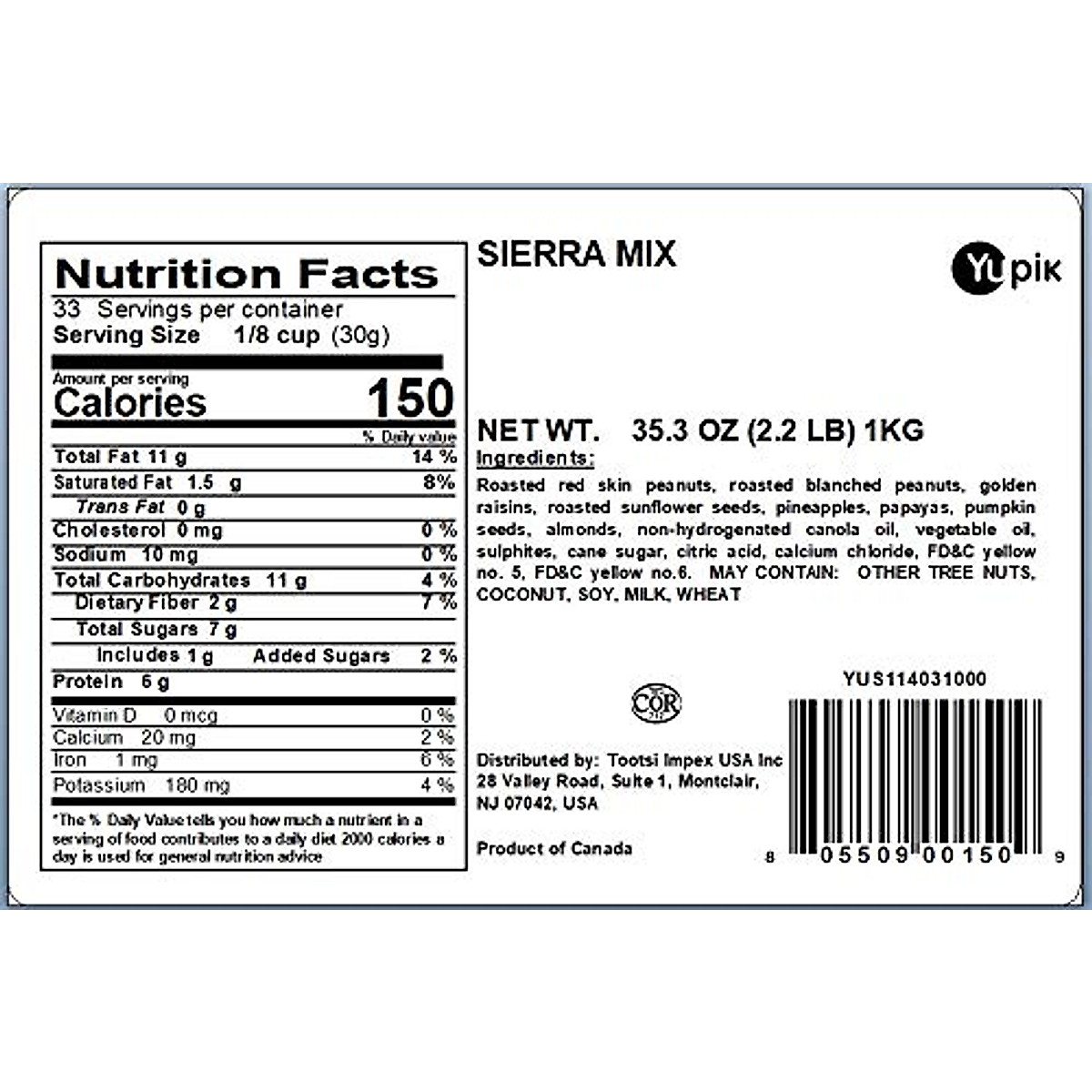 Yupik Sierra Trail Mix, 2.2 lb, A mix of almonds, peanuts, almonds, pumpkin seeds, sunflower seeds, raisins, papaya and pineapple, Pack of 1