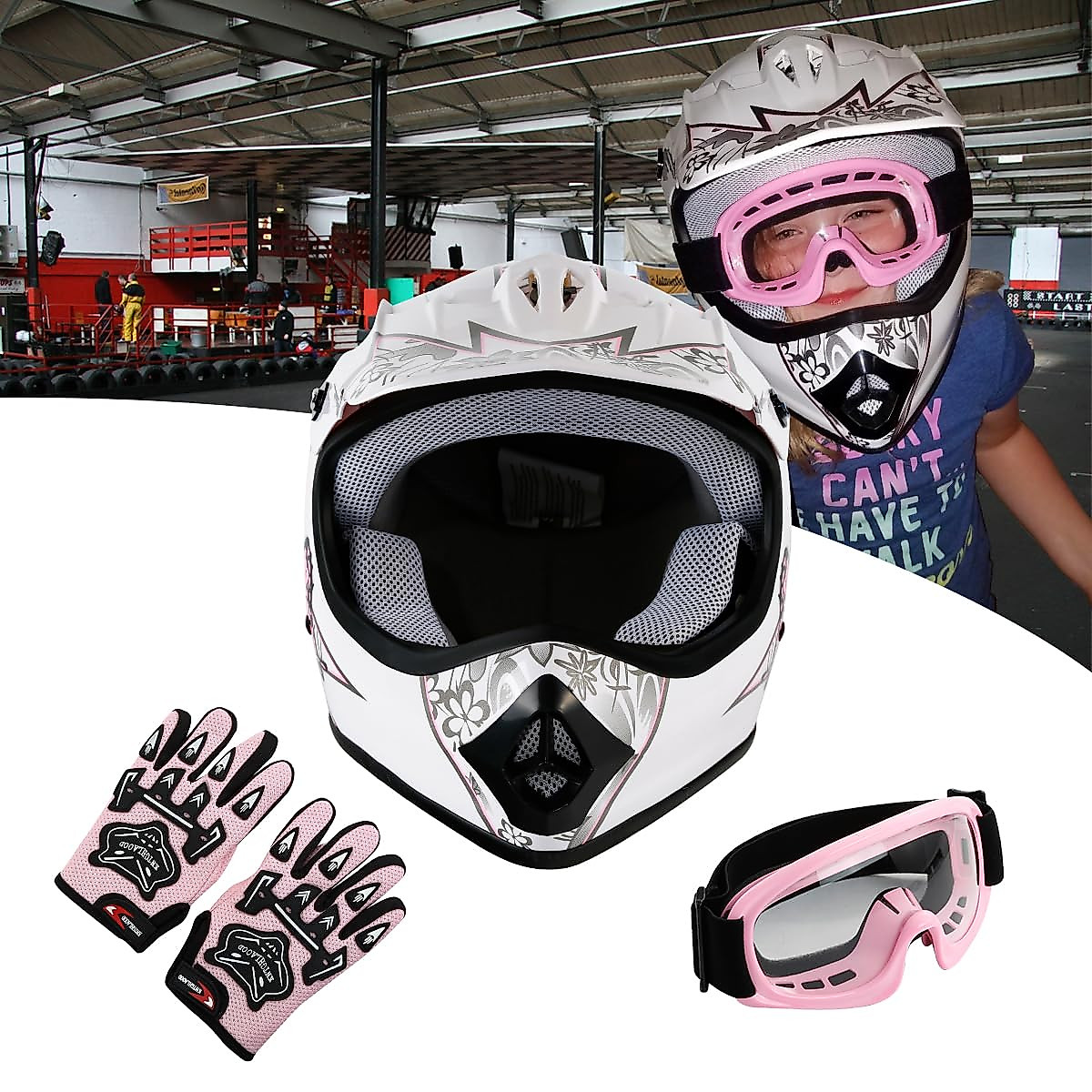 TCMT Youth Pink Butterfly Dirt Bike ATV Helmet Motocross with Goggles and gloves Large