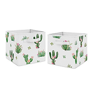 Sweet Jojo Designs Pink and Green Boho Watercolor Organizer Storage Bins for Cactus Floral Collection - Set of 2
