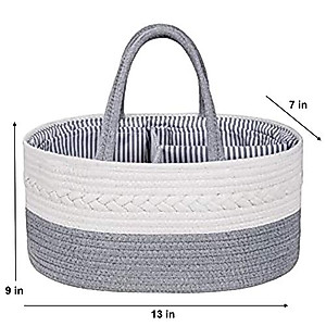 Baby Diaper Caddy Organizer | with Waterproof Changing Pad | 100% Cotton Rope Woven Basket | Portable Nursery Storage | for Boys and Girls | Travel Car Bin | 6 Inner Pockets | Removable Inserts