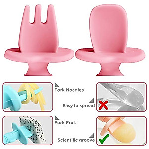 Baby Fork and Spoon Set, Silicone Self Feeding Utensil Easy Grip Toddler Cutlery Kit with Carry Case BPA-Free Anti-Choke for Infant Toddler Children First Led Training Weaning, 6-12 Month (Pink)