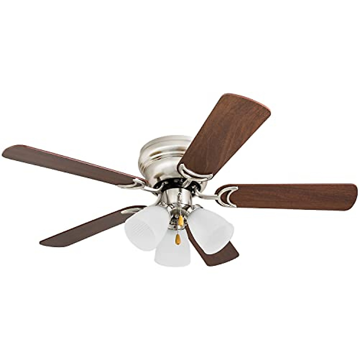 Prominence Home Whitley, 42 Inch Traditional Flush Mount Indoor LED Ceiling Fan with Light, Pull Chain, 5 Dual Finish Blades, Reversible Motor - 50863-01 (Satin Nickel), Bright Brass