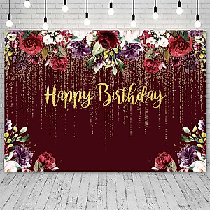 ABLIN 7x5ft Gold Happy Birthday Burgundy Backdrop Woman Girl Burgundy Red Purple Flowers Photo Background Dripping Beads Floral Party Decorations Cake Table Banner Supplies