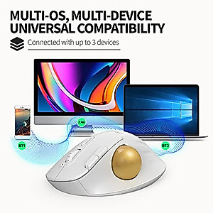 DeLUX Bluetooth Trackball Mouse, Wireless Ergonomic Rollerball Mouse with 2400DPI, Smooth Easy Thumb Control, 3 Devices Connection, Compatible for Windows, PC, Mac (MT1-White)
