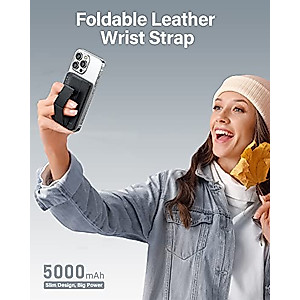 Fokimdo Magnetic Wireless Power Bank, Ultra-Thin 5000mAh Portable Charger Power Bank with Foldable Stand, Mag-Safe Battery Pack 5V/3A USB-C Output Input for iPhone 14/13/12 Series