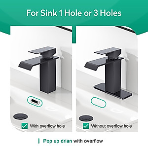 CREA Black Waterfall Bathroom Faucet 1 Hole,Matte Black Bathroom Faucet Single Handle Bathroom Sink Faucet with Pop Up Drain Stopper/ 3 Hole Plate,Stainless Steel RV Vanity Faucet Basin Mixer Tap