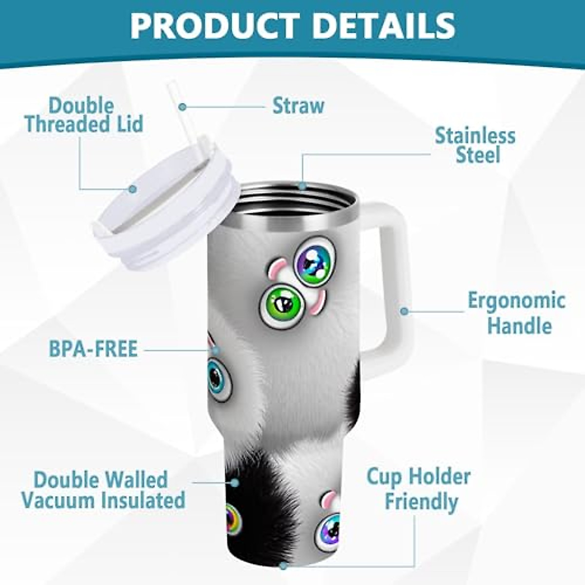 ODAWA Large Double Wall Insulated Tumbler, Black White Creatures Stainless Steel Vacuum Insulated Tumbler with Handle and Straw Lid