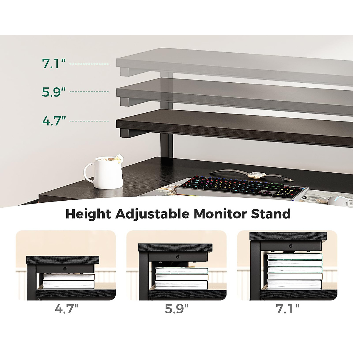 KKL 40 inch Small Computer Desk with Adjustable Monitor Stand, Home Office Desk & Workstation with Storage Shelves, Reversible Work Writing Study Table for Bedroom, Black
