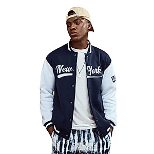 Floerns Men's Letter Graphic Print Long Sleeve Color Block Baseball Jacket Blue and White M