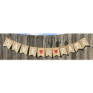 Save The Date Burlap Banner - Engagement Picture Prop Wedding Announcement - Ready to Hang Bridal Shower Decoration – White Letters & Red Hearts Garland by Jolly Jon