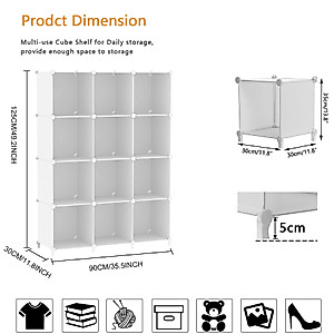 AWTATOS Cube Storage Organizer Modular Storage 12 Cube Bookshelf DIY Plastic Closet Clothes Storage Shelves with Wooden Mallet, Stackable Storage Solution for Home, Office, Bedroom, White