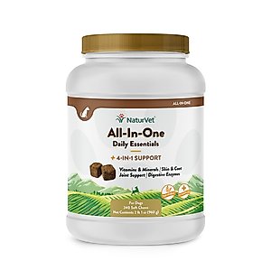 NaturVet All-in-One Dog Supplement - for Joint Support, Digestion, Skin, Coat Care – Dog Multivitamins with Minerals, Omega-3, 6, 9 – Wheat-Free Vitamins for Dogs – 240 Soft Chews