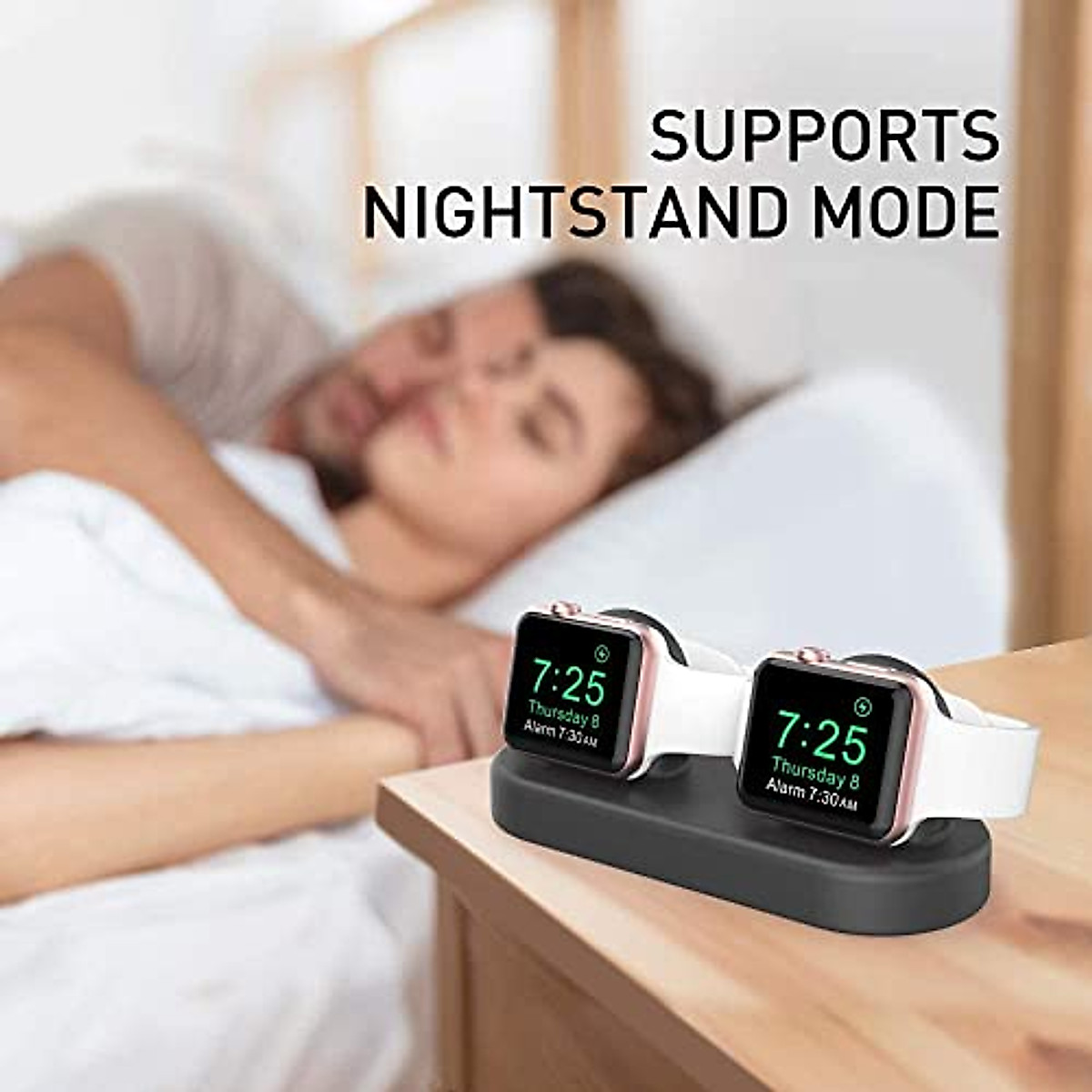 Delidigi Dual iwatch Stand Dock Silicone Charger Stand Compatible with Apple Watch Ultra SE2 Series 8 7 6 SE 5 4 3 2 1 (49/45/44/42/41/40/38mm), Supports Nightstand Mode (Black)