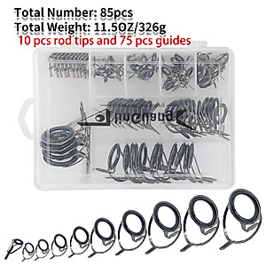 75pcs Both Feet Stainless Steel Ceramics Bait Casting Rod Guides and 10pcs Rod Tips (75pcs Both Foot Ceramics Rod Guides and 10pcs Rod Tips)