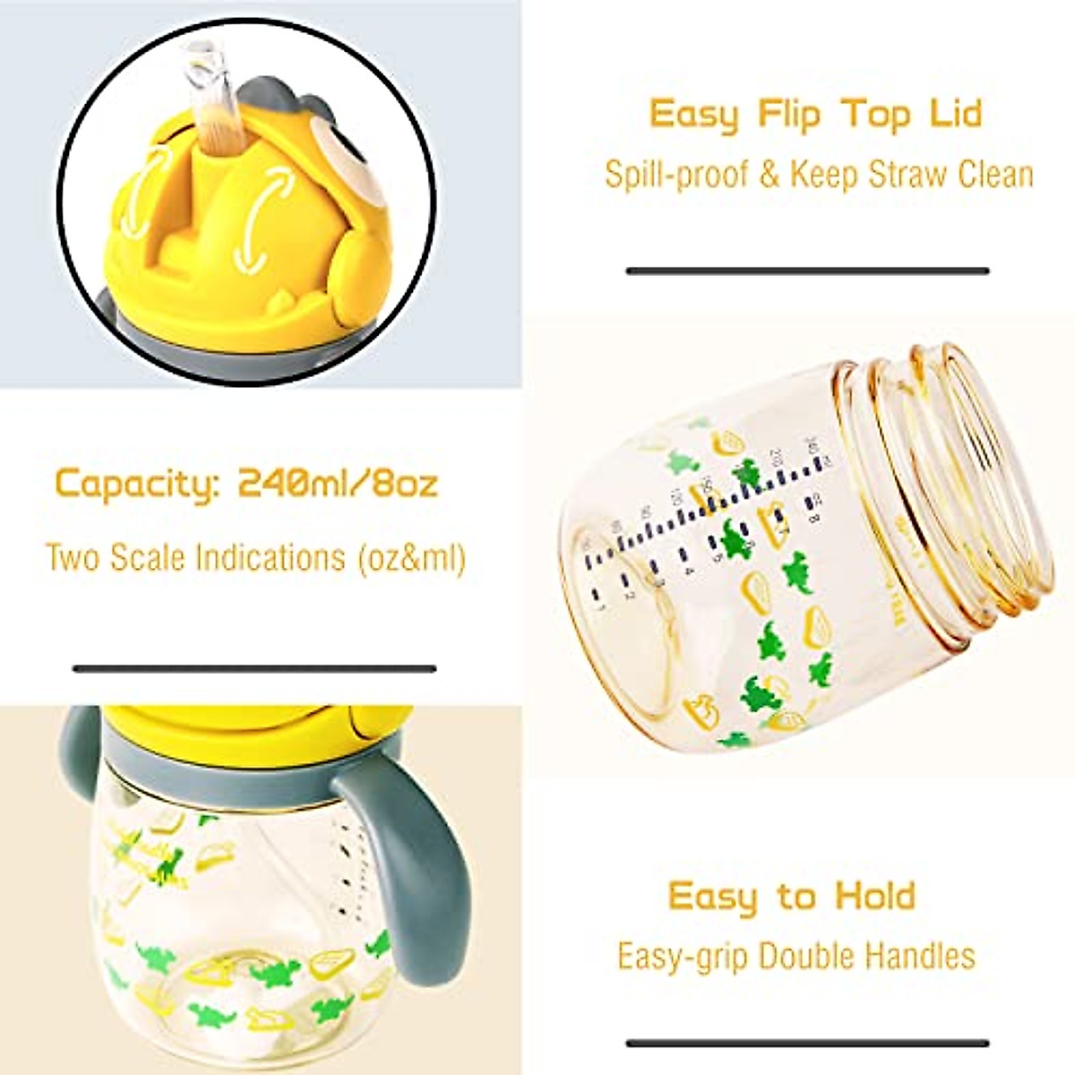 Sippy Cup for Baby Months 6+, Weighted Straw PPSU Non Spill Cup for Toddlers, Baby Straw Cup with Handles, Spill-Proof, Leak-Proof Soft Spout Cup 240ml, BPA Free (Yellow)