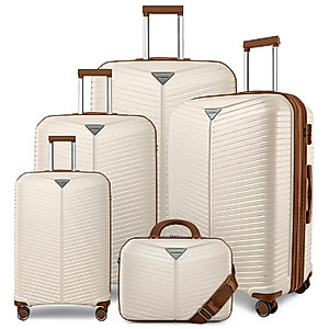 LEAVES KING Luggage Sets 5 Piece, Expandable(Only 24"&28") PP Suitcase with Spinner Wheels, Durable Luggage Sets Clearance Carry On Luggage Suitcase Set For Women Men, Cream
